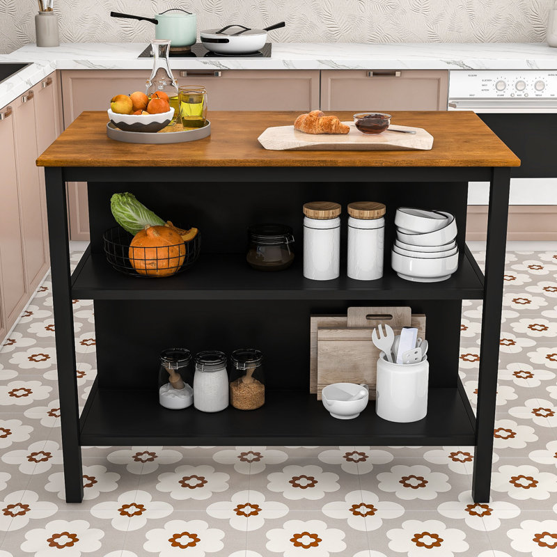 17 Stories Doudy Farmhouse Solid Wood Kitchen Island with Spacious Tabletop and Open Shelves ...
